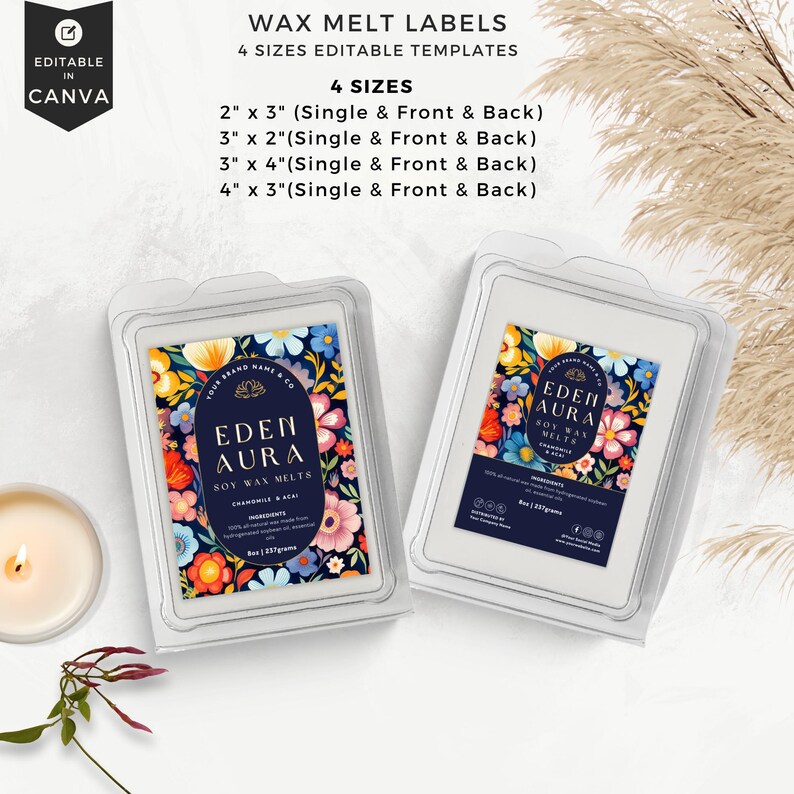 Editable Candle Labels, Wax Melts Label Templates, Candle Packaging Box ...