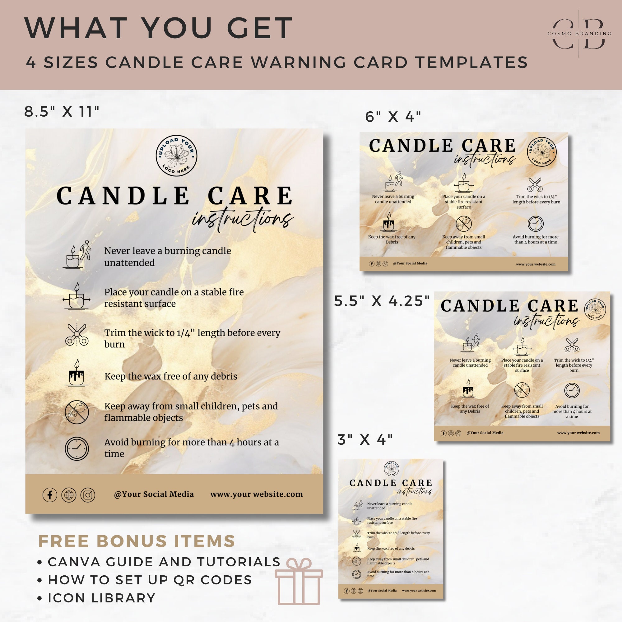 Editable Candle Warning Card, Gold, Printable Candle Care Instructions ...