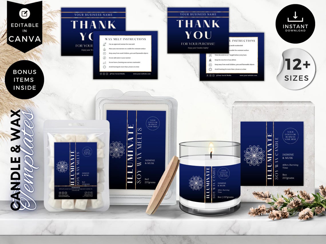 Editable Candle Labels, Wax Melts Label Templates, Candle Packaging Box ...