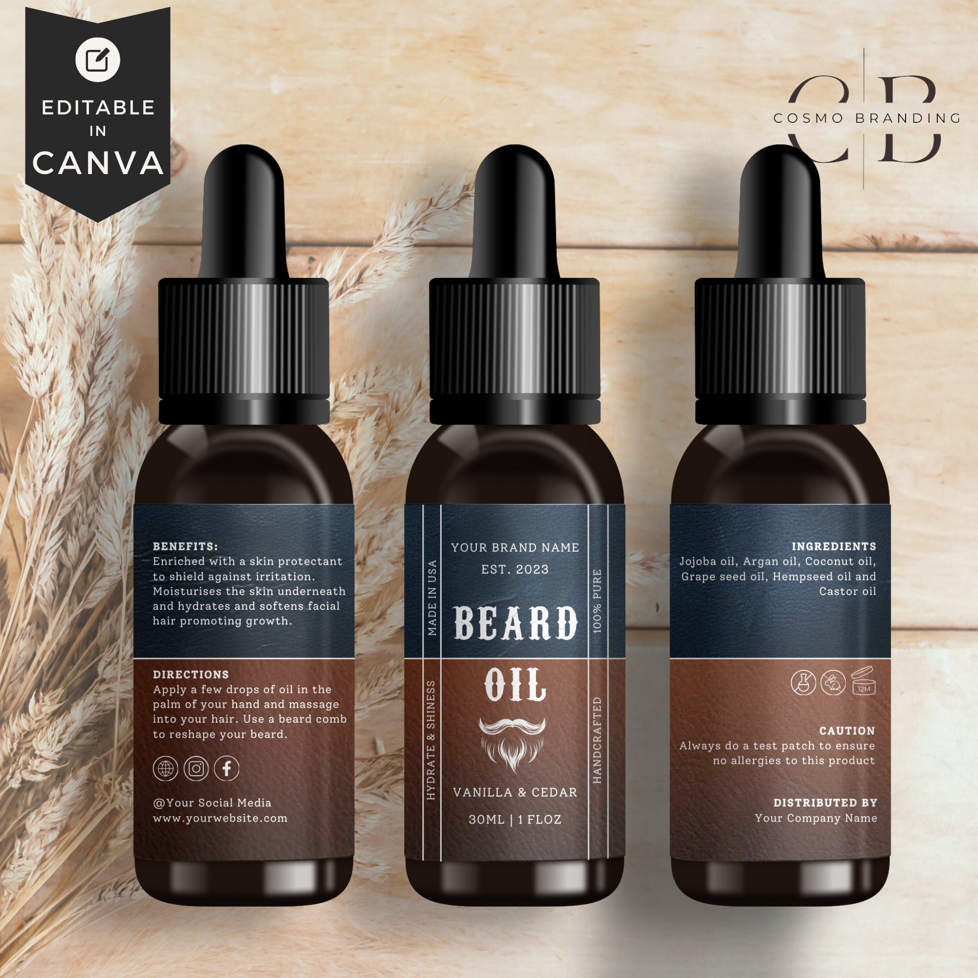 Editable Oil Dropper Bottle Label, DIY Essential Oil Template, Beard ...