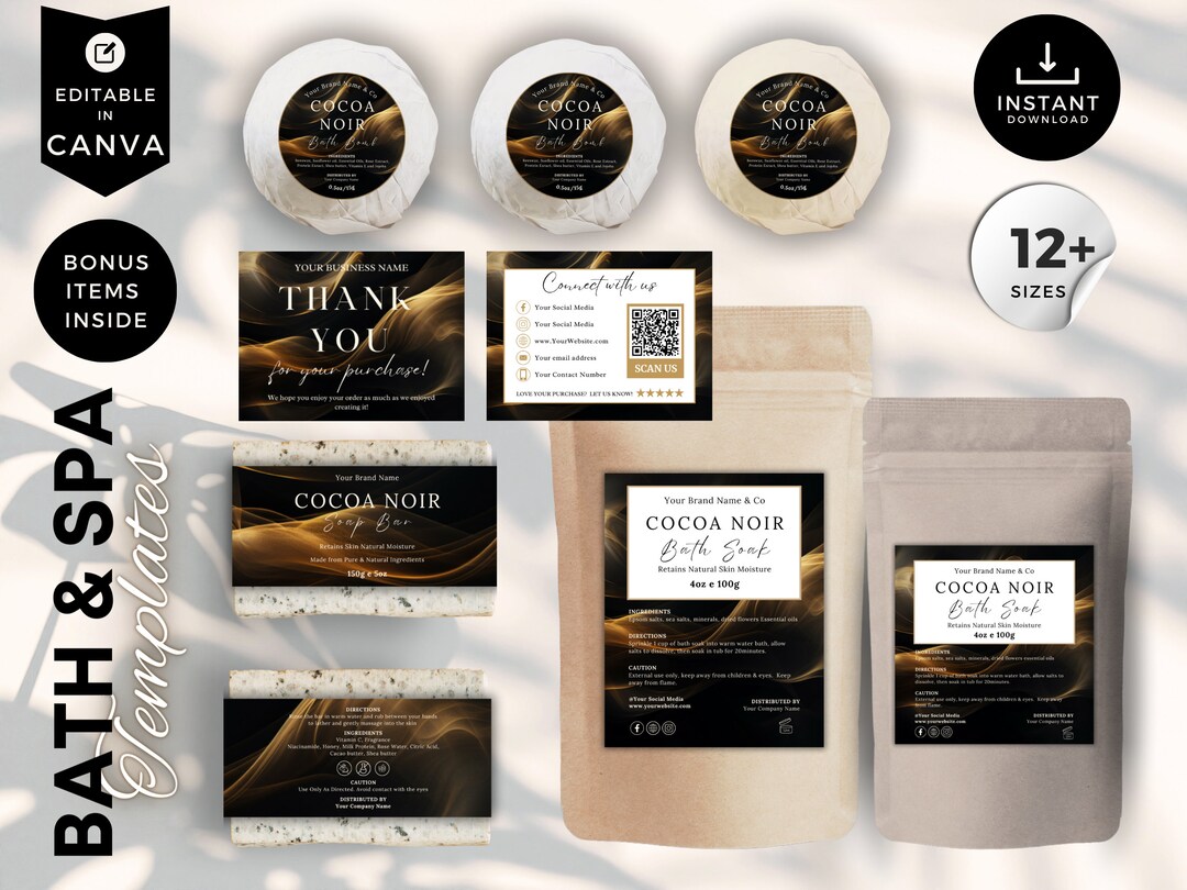 Bath Product Labels, Black, Cosmetic Label Templates, Soap Labels, Spa ...