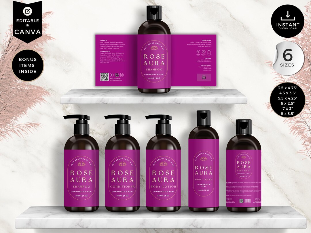 Luxury Elegant Shampoo Bottle Label Template Set, Canva Editable Lotion ...