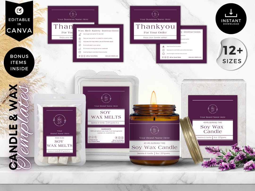 Editable Candle Labels, Wax Melts Label Templates, Candle Packaging Box ...