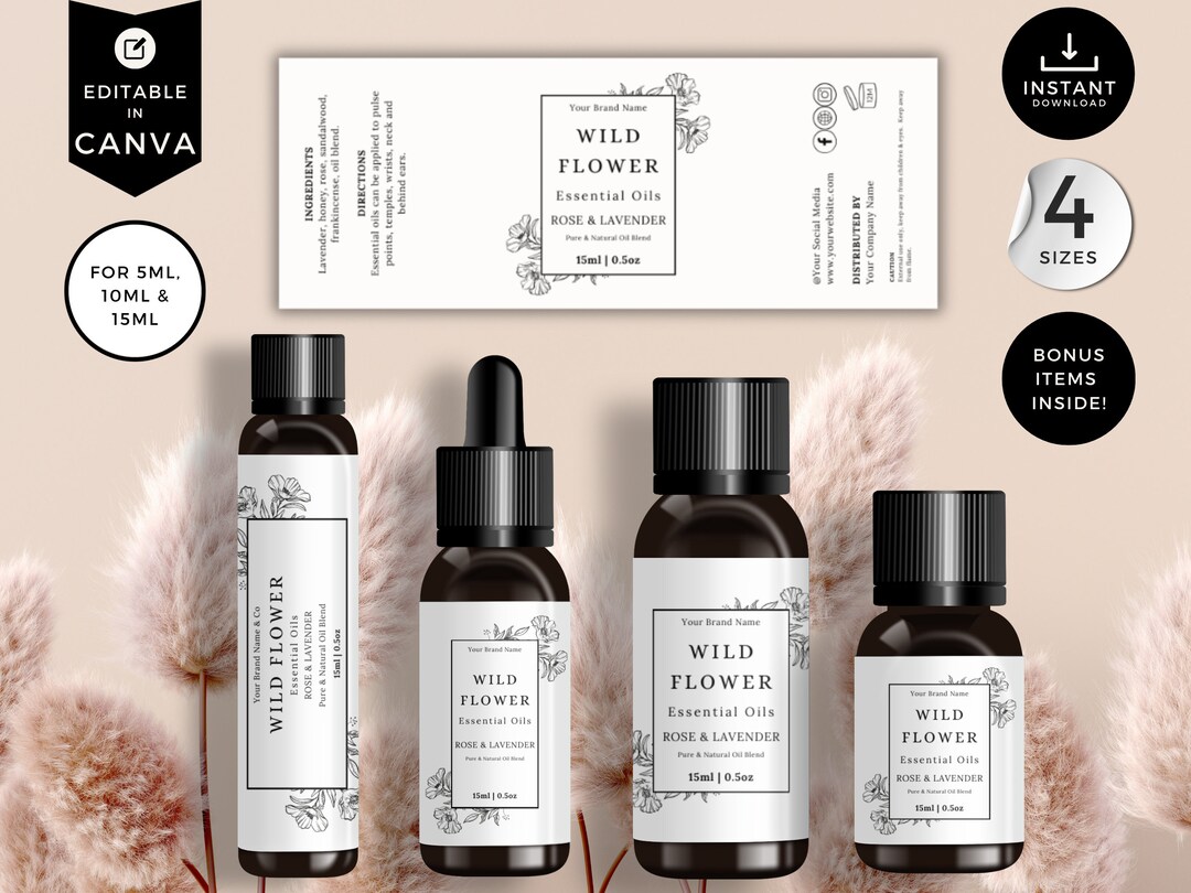 Editable Essential Oil Labels, Roller Bottle Labels, 5ml, 10ml, 15ml ...