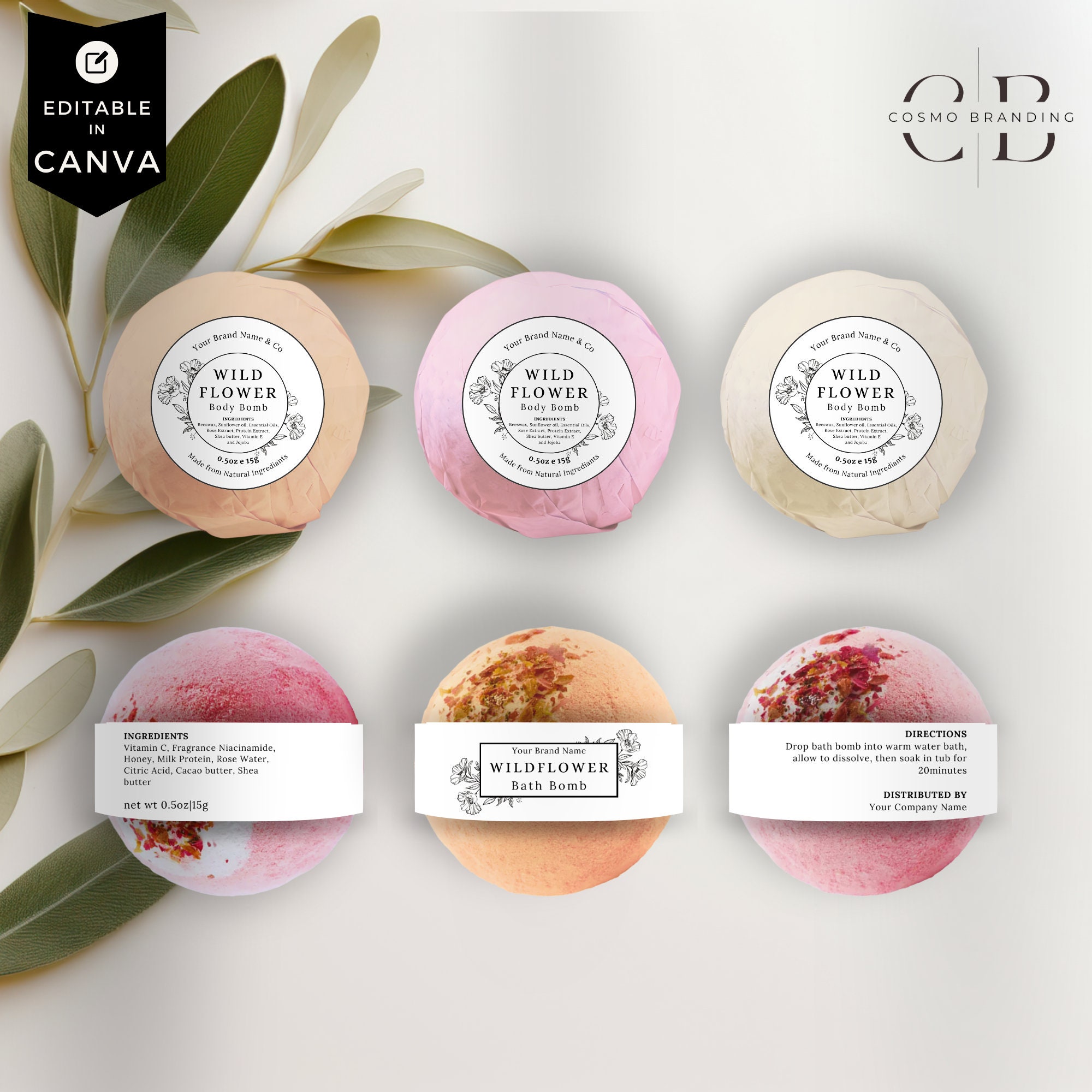 Floral Minimal Bath Bomb Label Template Set, Canva Editable Bath ...