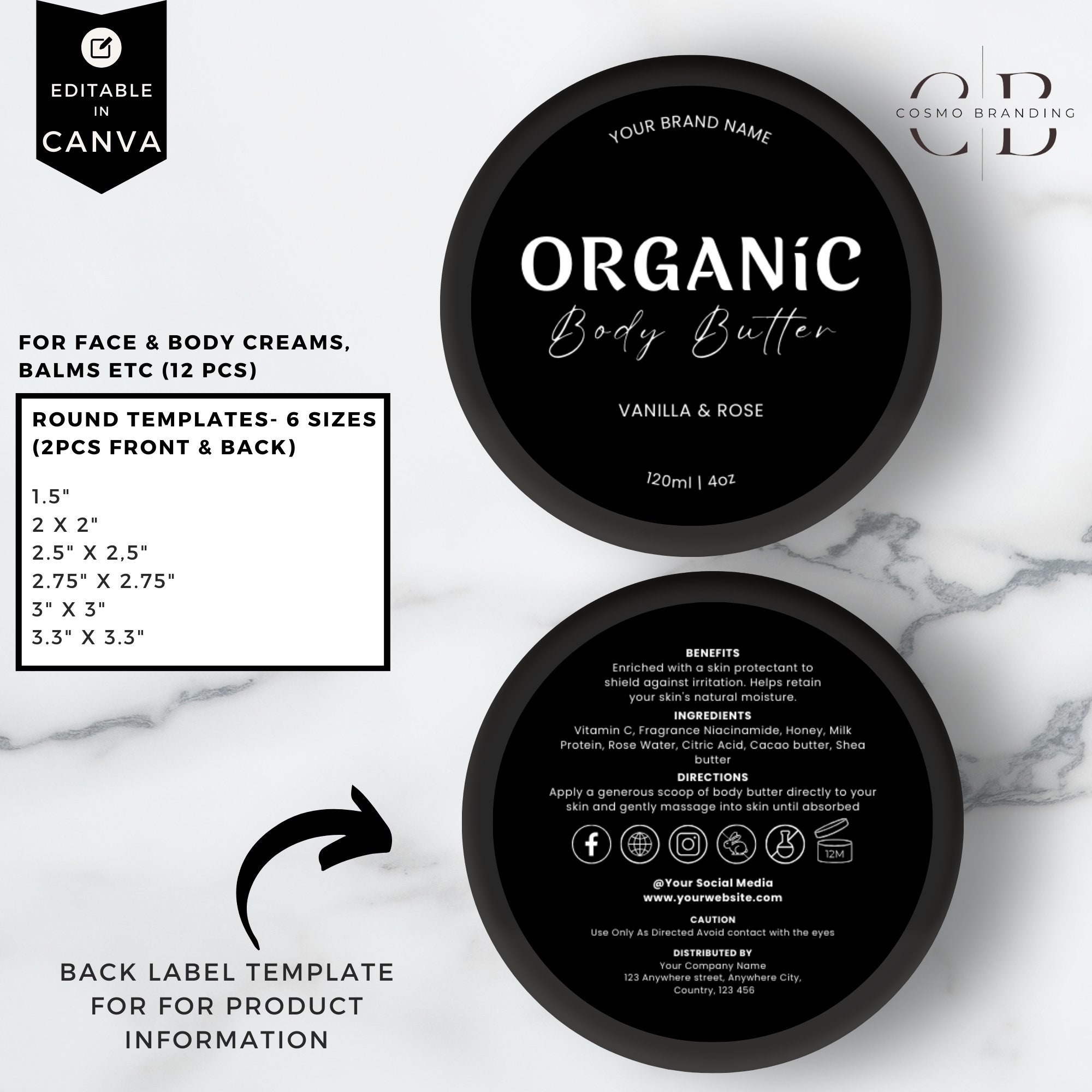 Jar Label Templates, Editable Cosmetic Template, DIY Canva Design, Body ...