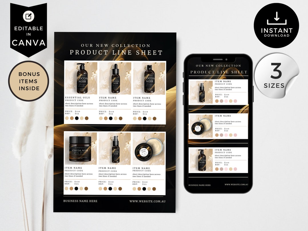 Product Line Sheet Template, Black, Catalogue Template, Pricing Guide ...