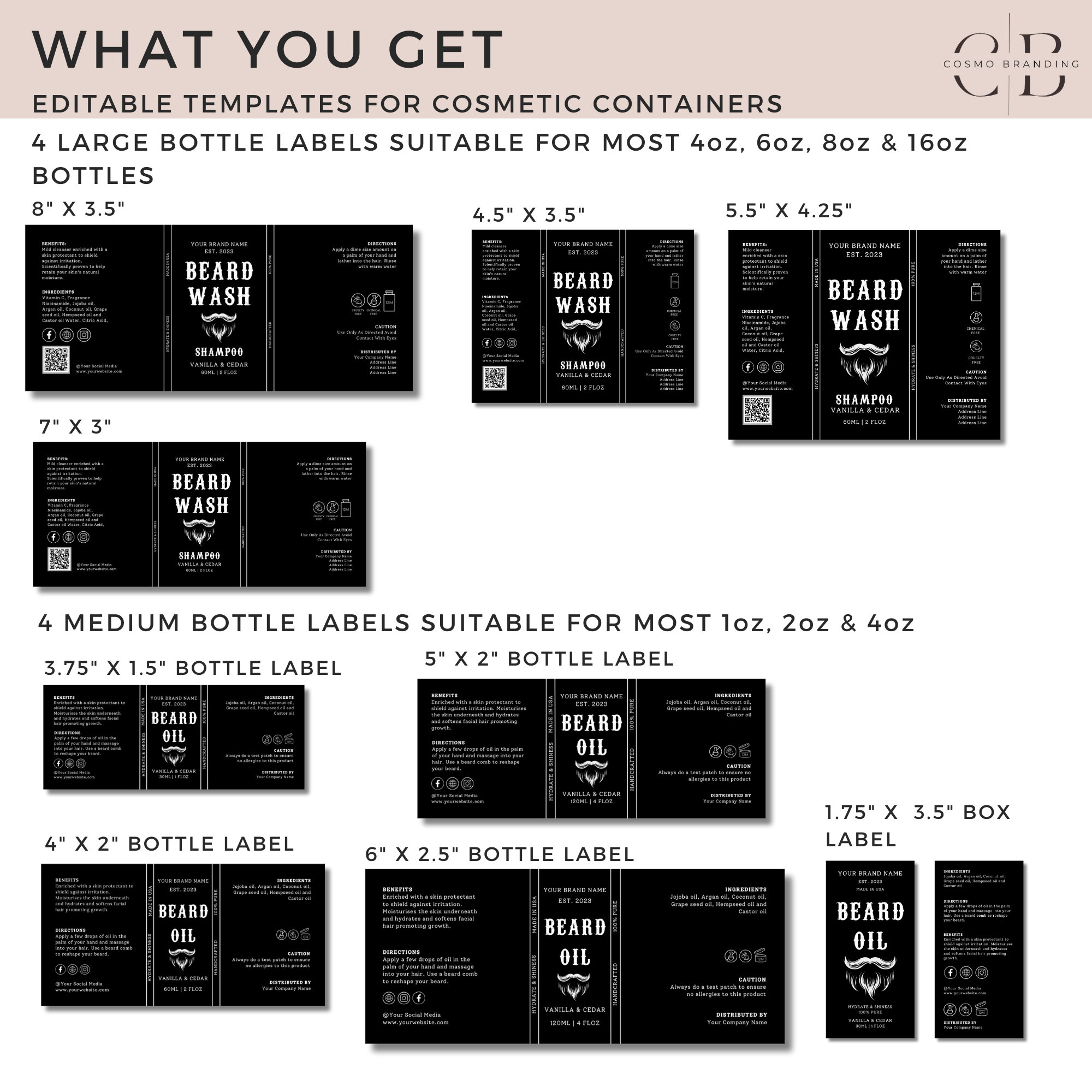 Editable Cosmetic Container Label Templates, DIY Men Care Product, Jar ...