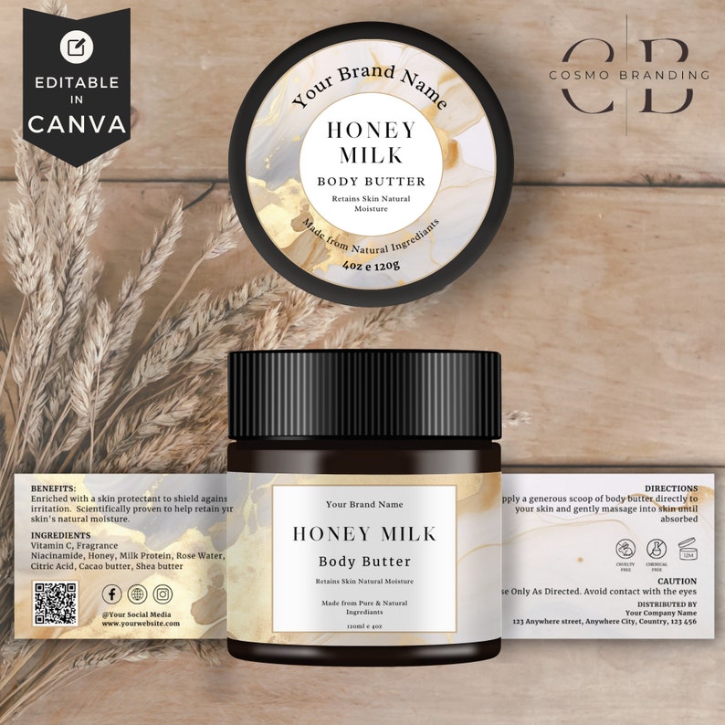 Jar Label Template, Gold, Editable Cosmetic Templates, Canva Template ...