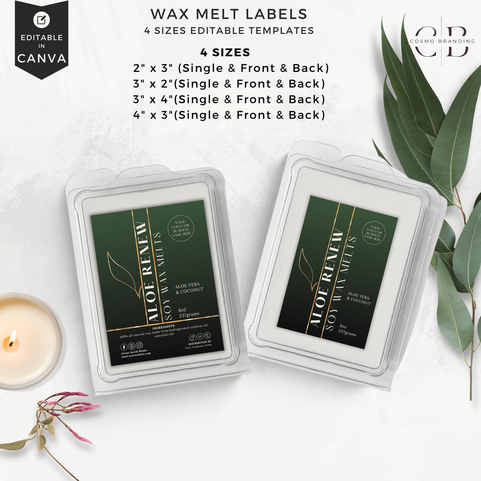 Editable Candle Labels, Wax Melts Label Templates, Candle Packaging Box ...