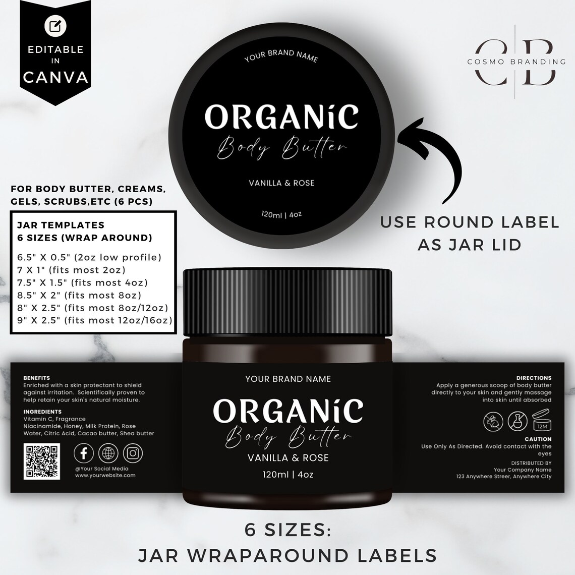 Jar Label Templates, Editable Cosmetic Template, DIY Canva Design, Body ...