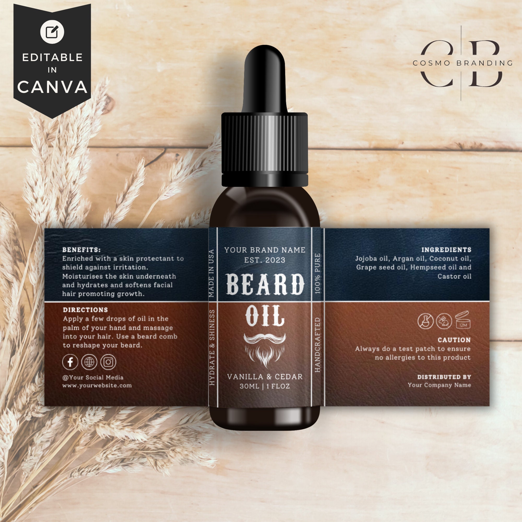 Editable Oil Dropper Bottle Label, DIY Essential Oil Template, Beard ...