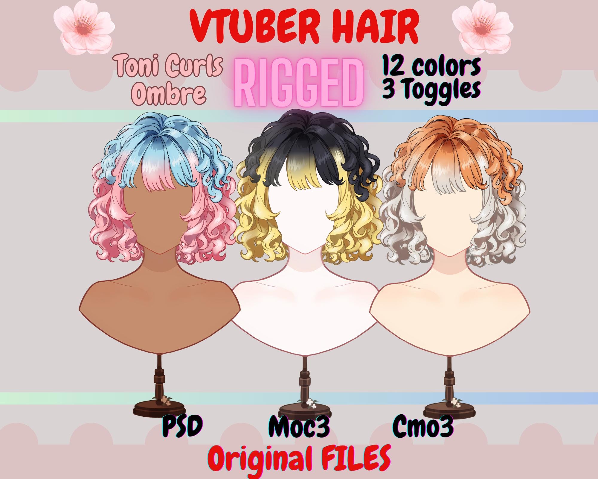 Rigged Ombre Toni Curls Vtuber Hair Asset: 12 Colors (PSD, Moc3, Cmo3 ...