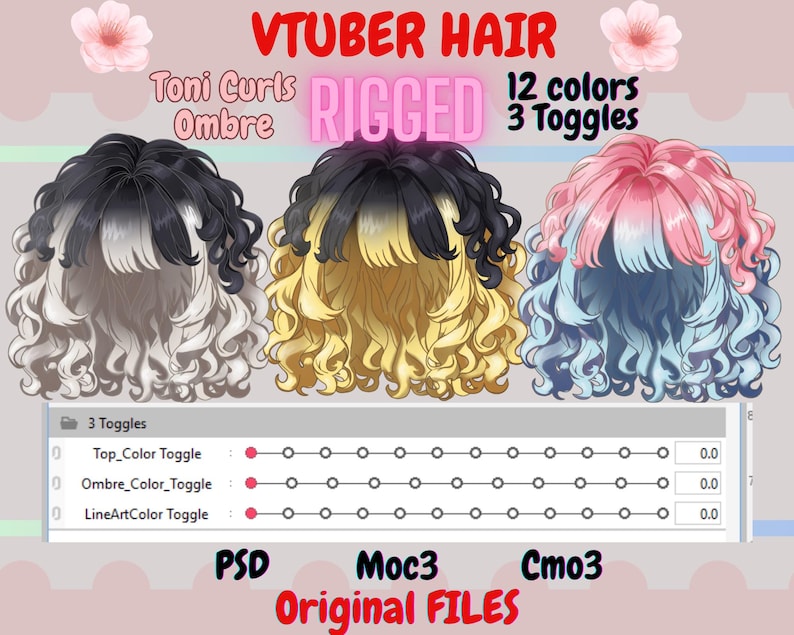 Rigged Ombre Toni Curls Vtuber Hair Asset: 12 Colors (PSD, Moc3, Cmo3 ...