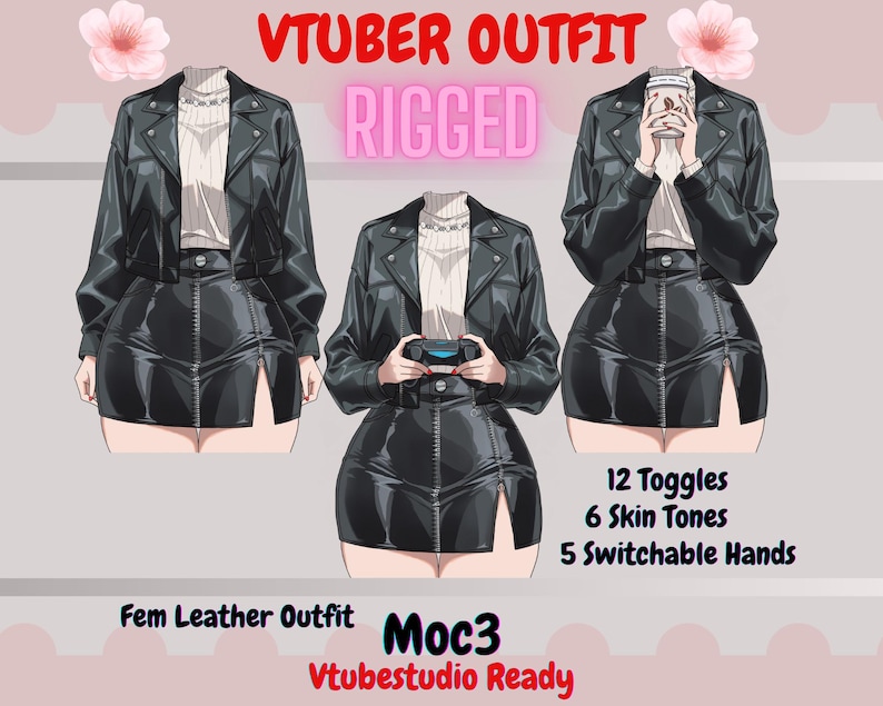 Rigged Goth Leather Vtuber Outfit: 12 Toggles, 6 Hand Holding Poses ...