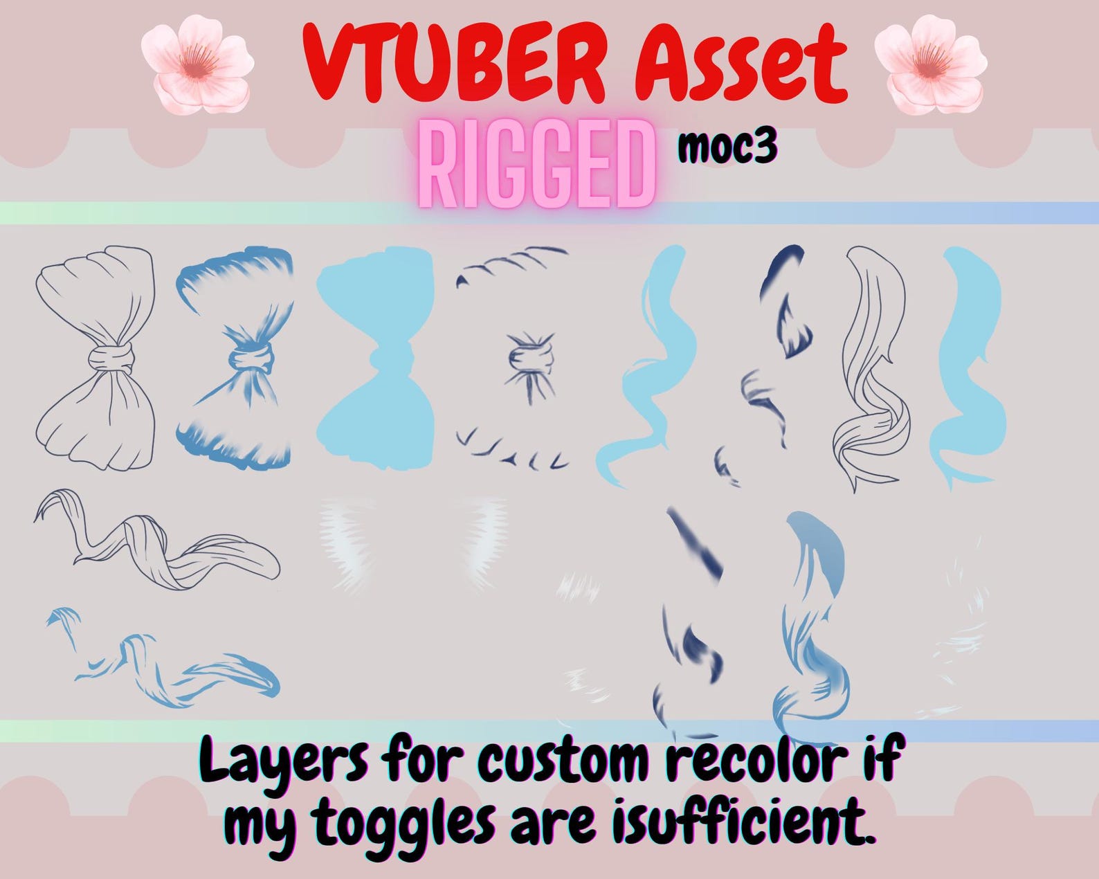 Rigged Vtuber Hair Bow Extensions: 12 Colors (live2d Asset, PNG File ...