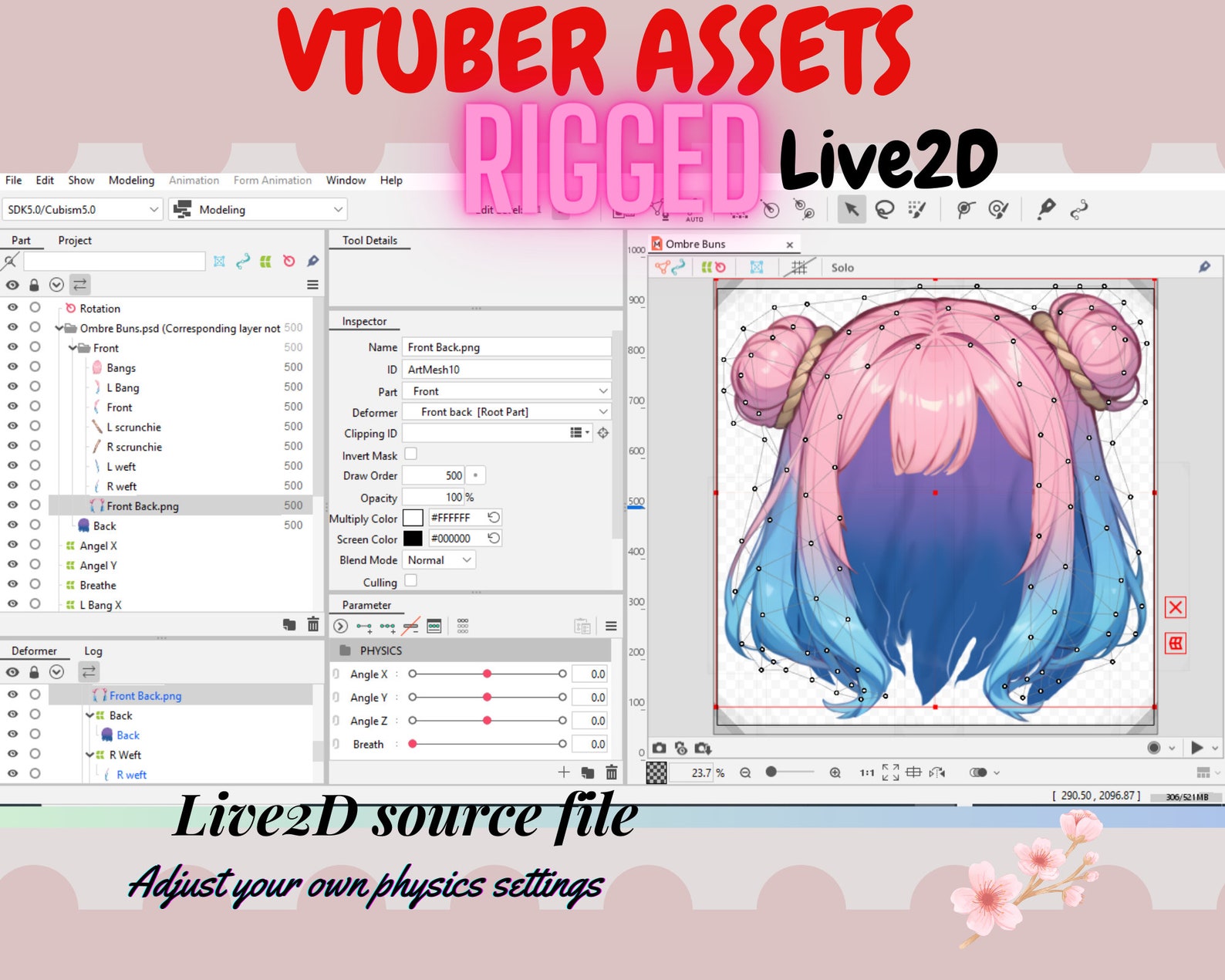 Vtuber Asset - Rigged Vtuber Hair| Ombre Buns| Live2d Asset ...