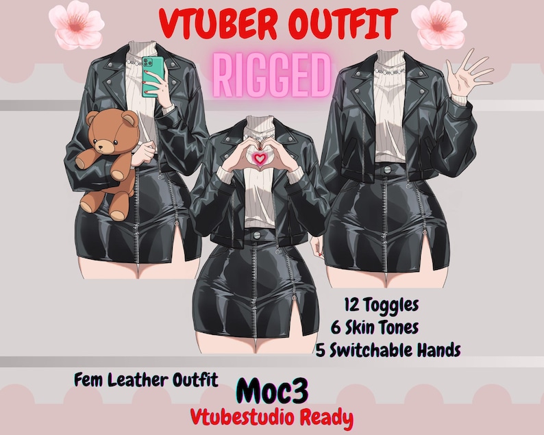 Rigged Goth Leather Vtuber Outfit: 12 Toggles, 6 Hand Holding Poses ...
