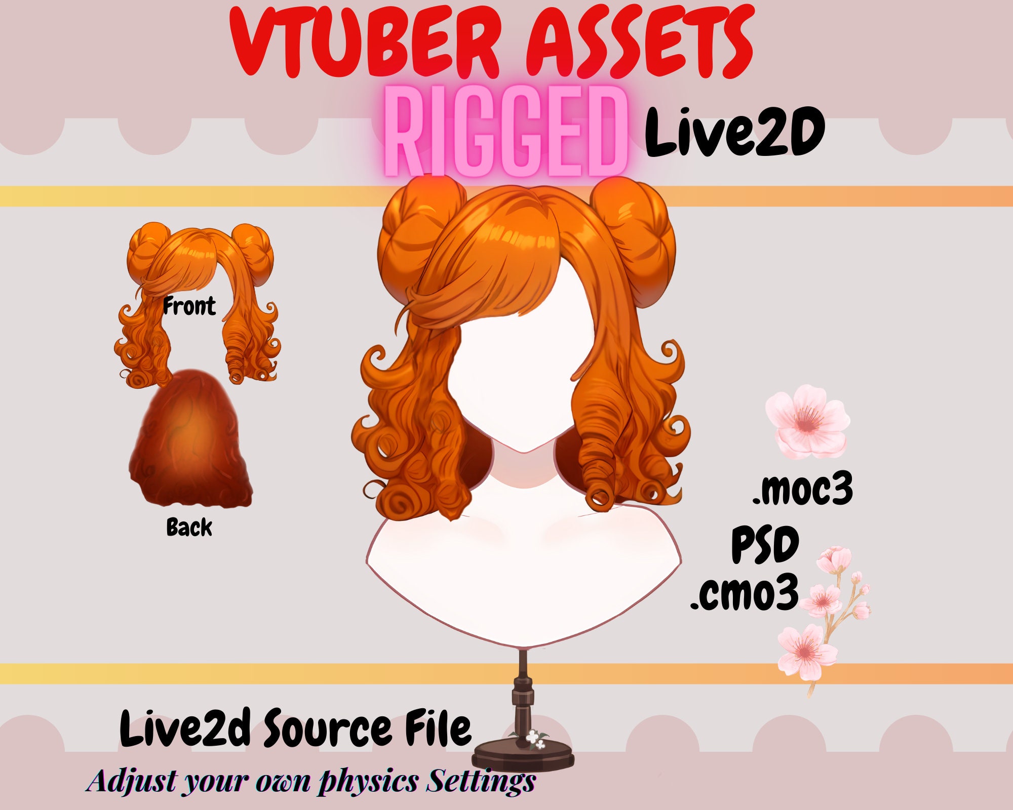 Vtuber Rigged Asset Vtuber Hair Orange Buns Live2d Asset Transparent ...