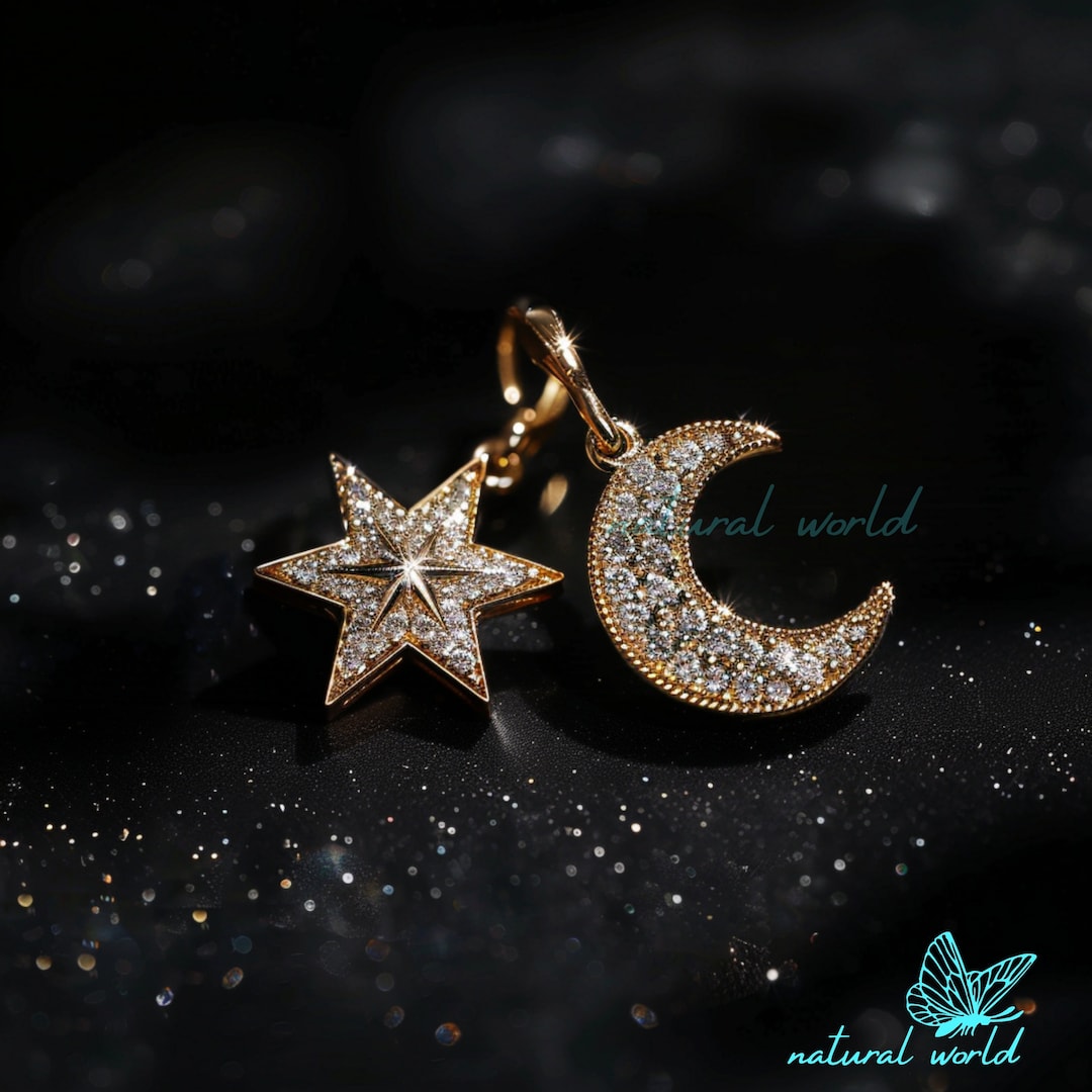 14K Gold Diamond Moon and Star Pendantt, Diamond Crescent Moon Star ...