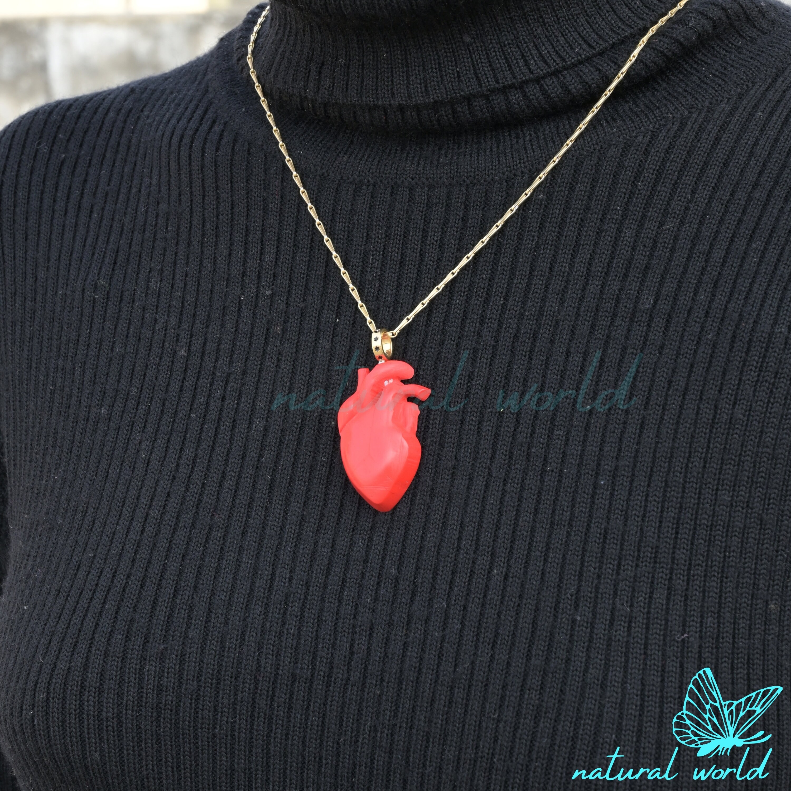 Gold Gemstone Human Heart Pendant, Handmade Human Heart Pendant, Carved ...