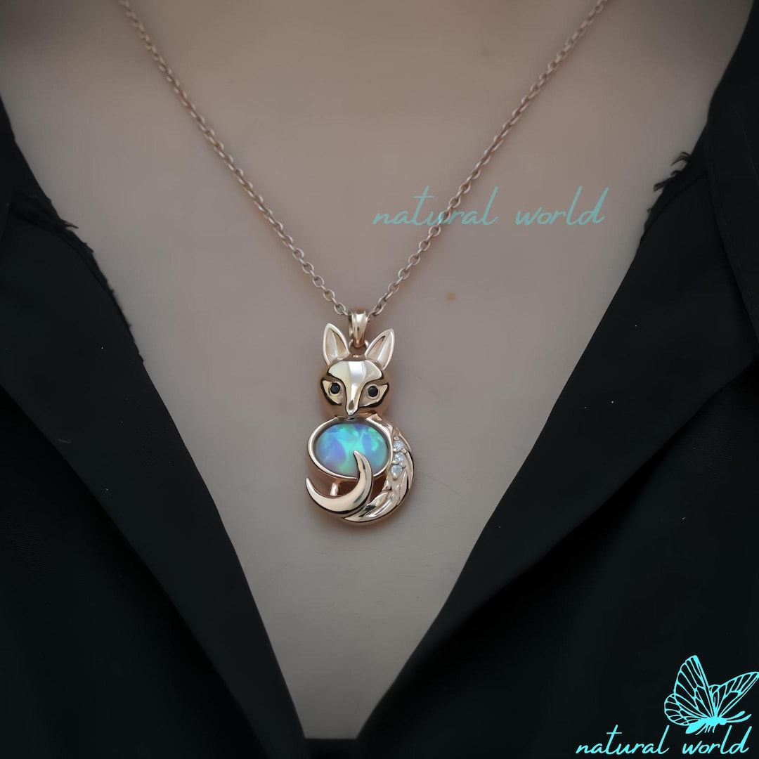 14k Gold Plated Opal Fox Pendant, Gemstone Fox Charm Pendant, Gold ...