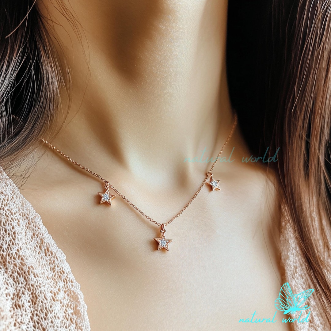 14K Gold Three Star Station Necklace, Diamond Three Star Necklace, Gold ...