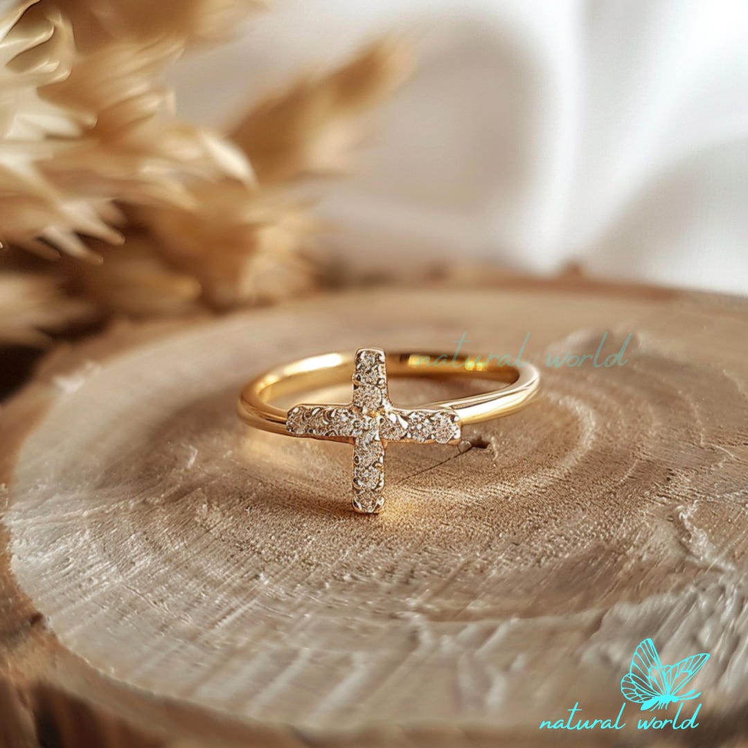 14K Gold Diamond Cross Ring, Diamond Sideways Cross Ring, Pave Cross Ring, Dainty Gold Cross ...