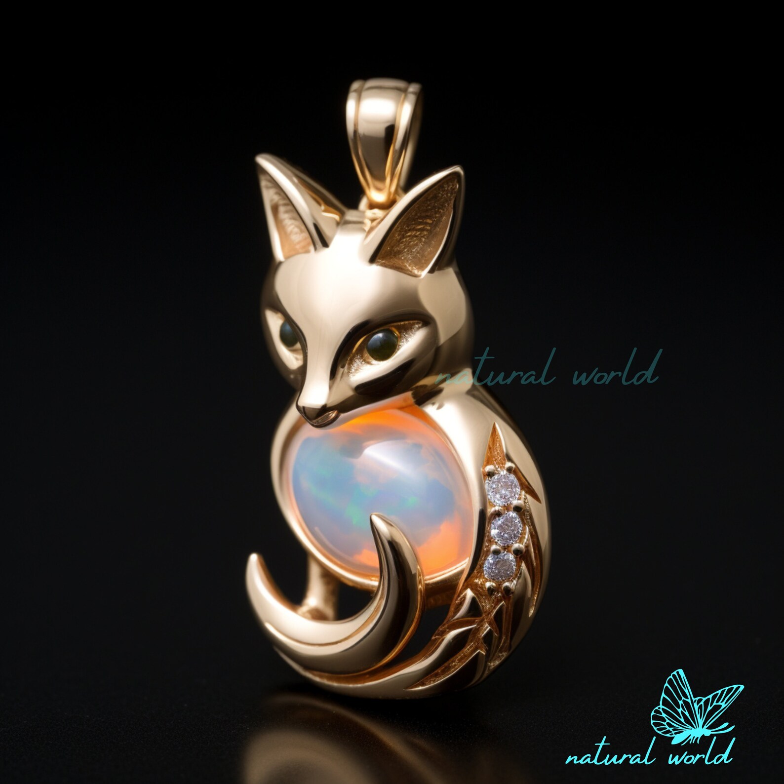 14k Gold Plated Opal Fox Pendant, Gemstone Fox Charm Pendant, Gold ...