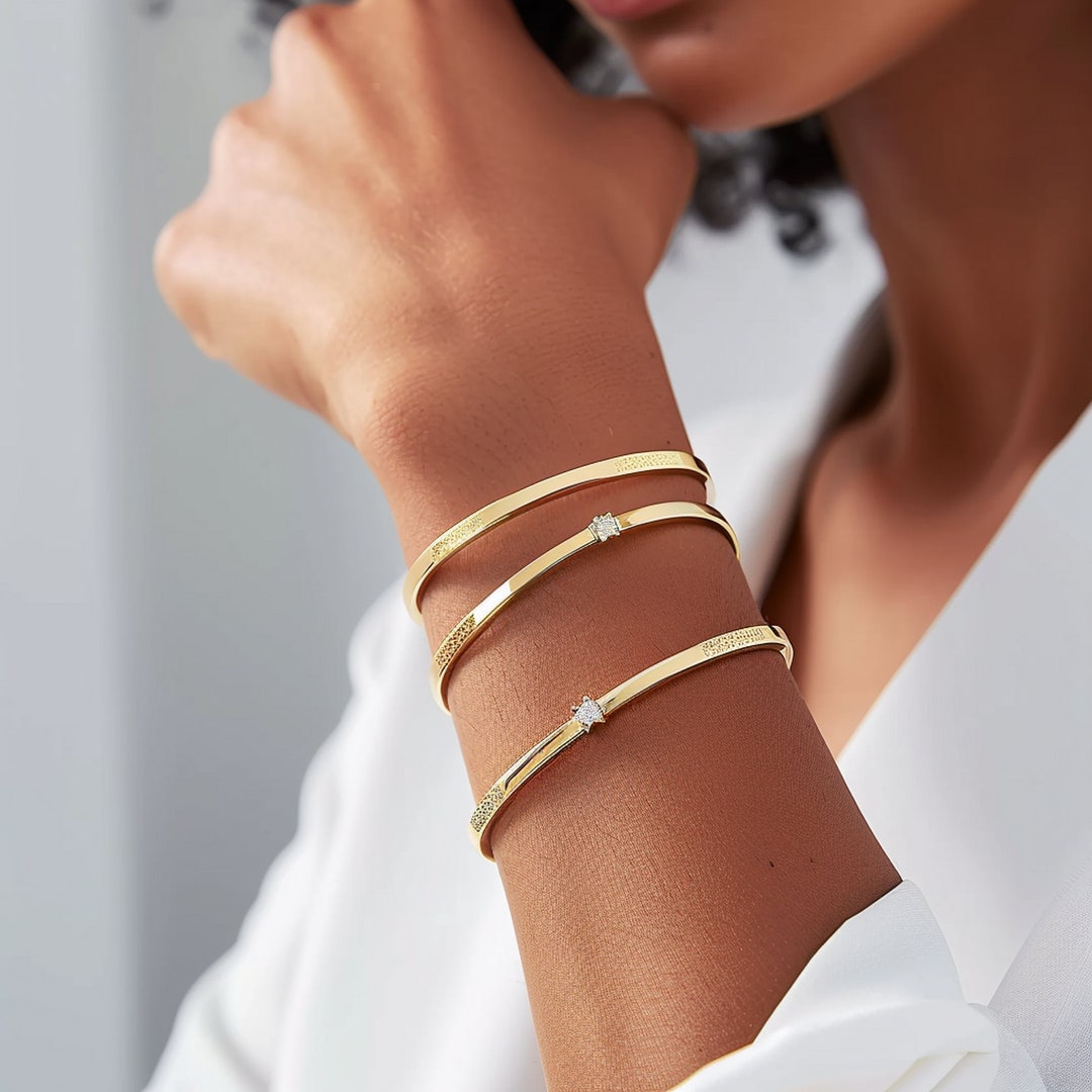 14k Gold Diamond One Sone Dome Bangle Bracelett, 14K Gold Bangle, Gold ...