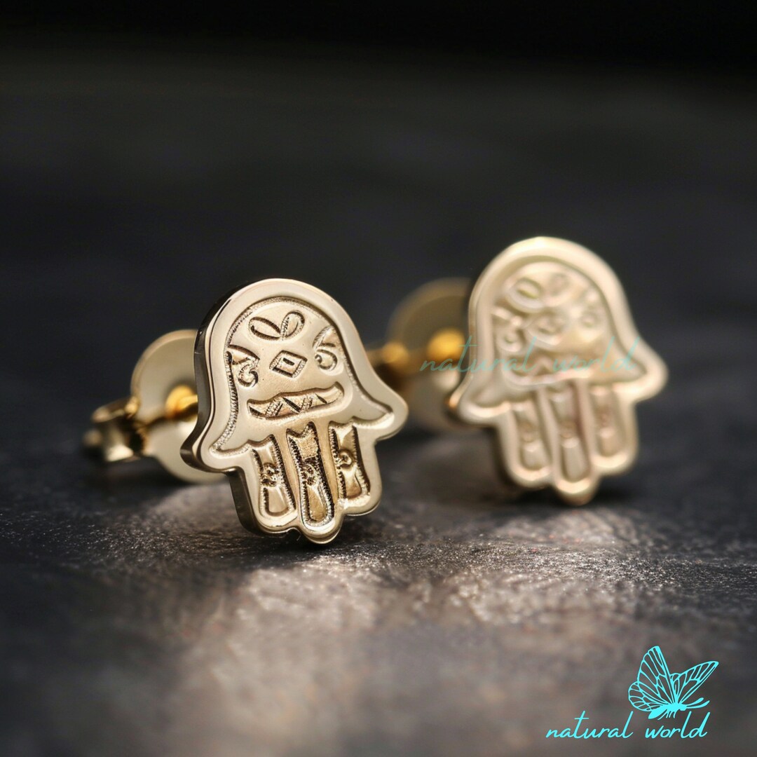 14k Gold Hamsa Studs Earrings, Tiny Hamsa Hand Studs Earrings, Hamsa Shaped Stud Earrings ...