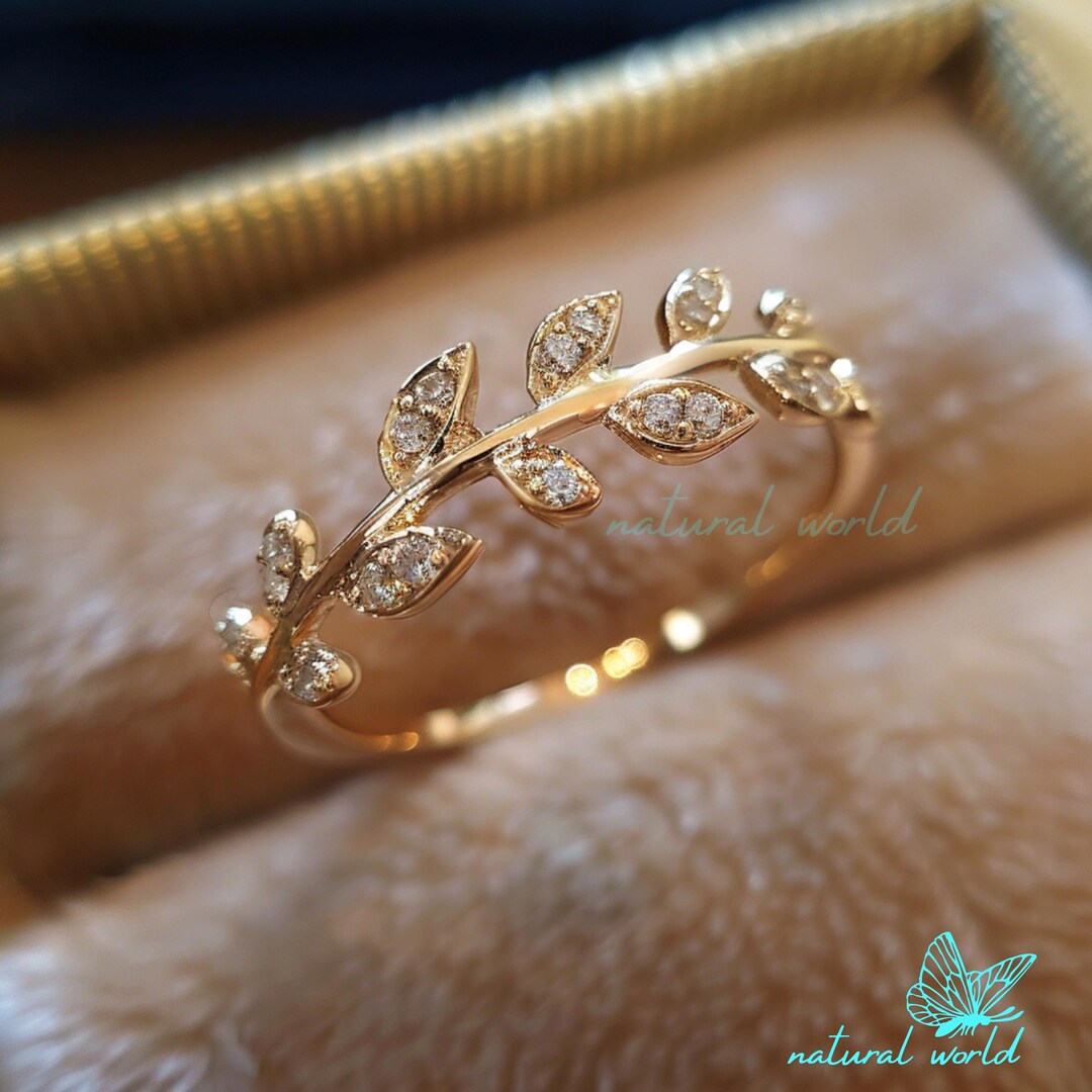14k Gold Diamond Olive Leaf Ring, Diamond Olive Tree Leaf Ring, Diamond Olive Branch Leaf Ring ...