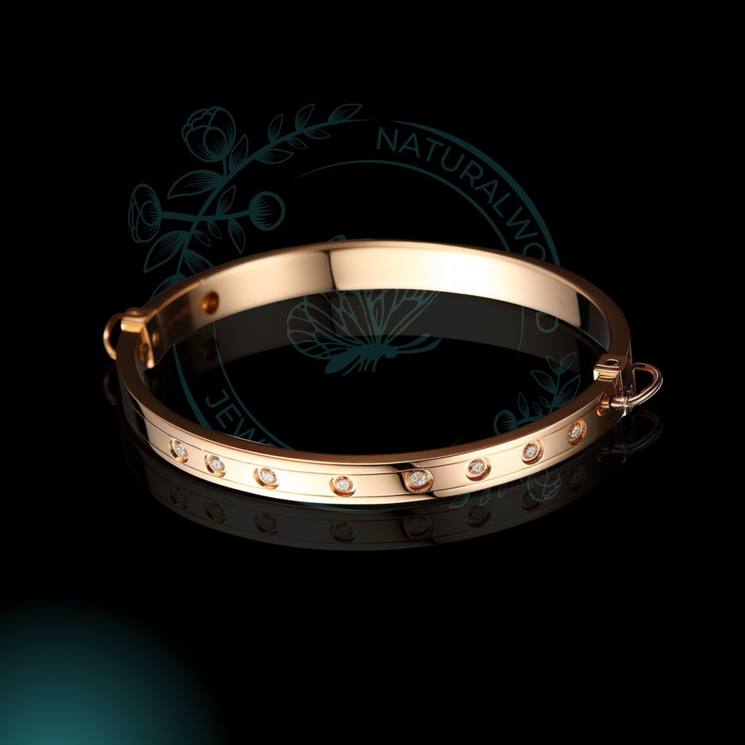 14K Gold Diamond Hinged Bangle, Flush Set Simulated Diamond Bangle ...