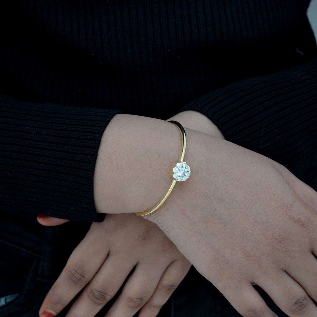 14k Gold Diamond One Sone Dome Bangle Bracelet, Round Diamond Solitaire ...