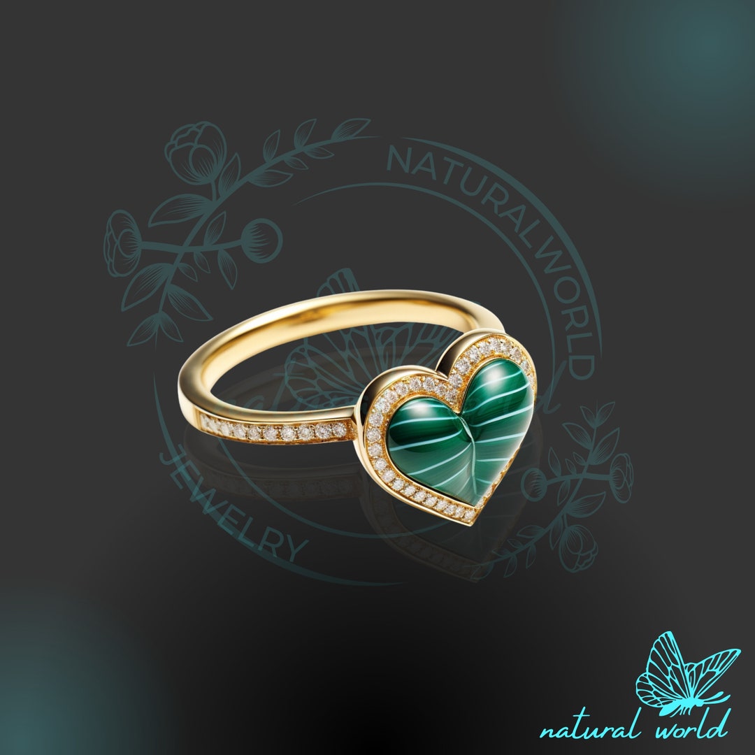 925 Silver Gemstone Heart Rings, Malachite Heart Rings, Carved Designer ...