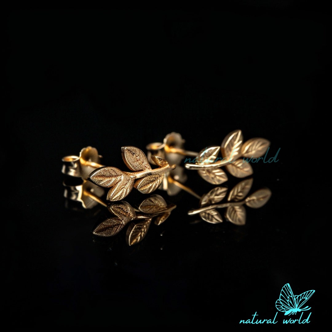14K Solid Gold Olive Leaf Studs Earrings, Tiny Leaves Helix Studs Earrings, Branch Cartilage ...