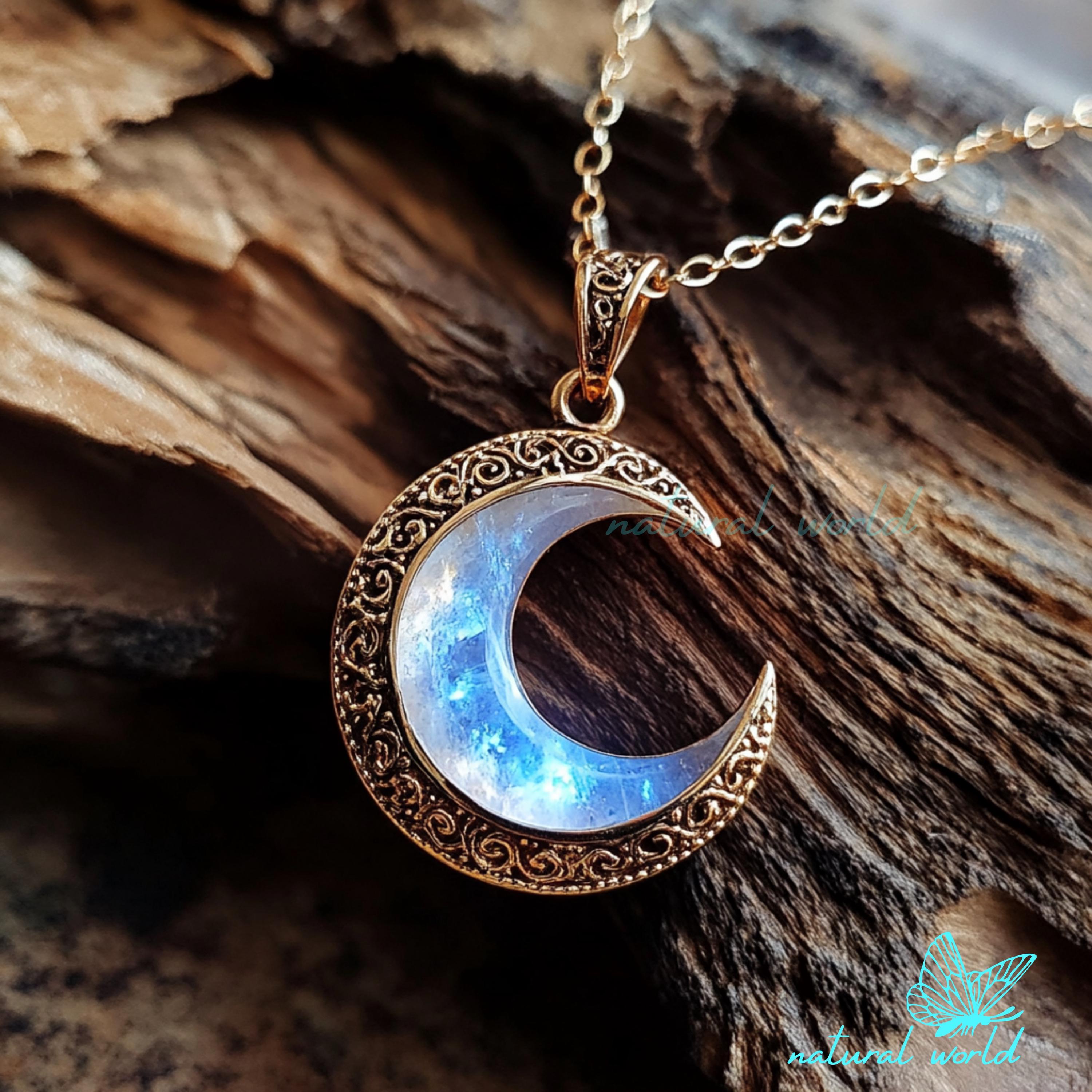 14K Gold Gemstone Half Moon Pendant, Moonstone Half Moon Pendant, Women ...
