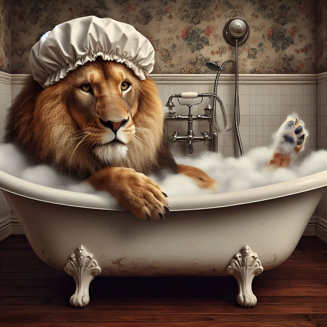 Victorian Lion Bath Art Print Whimsical Animal Wall Decor Vintage ...
