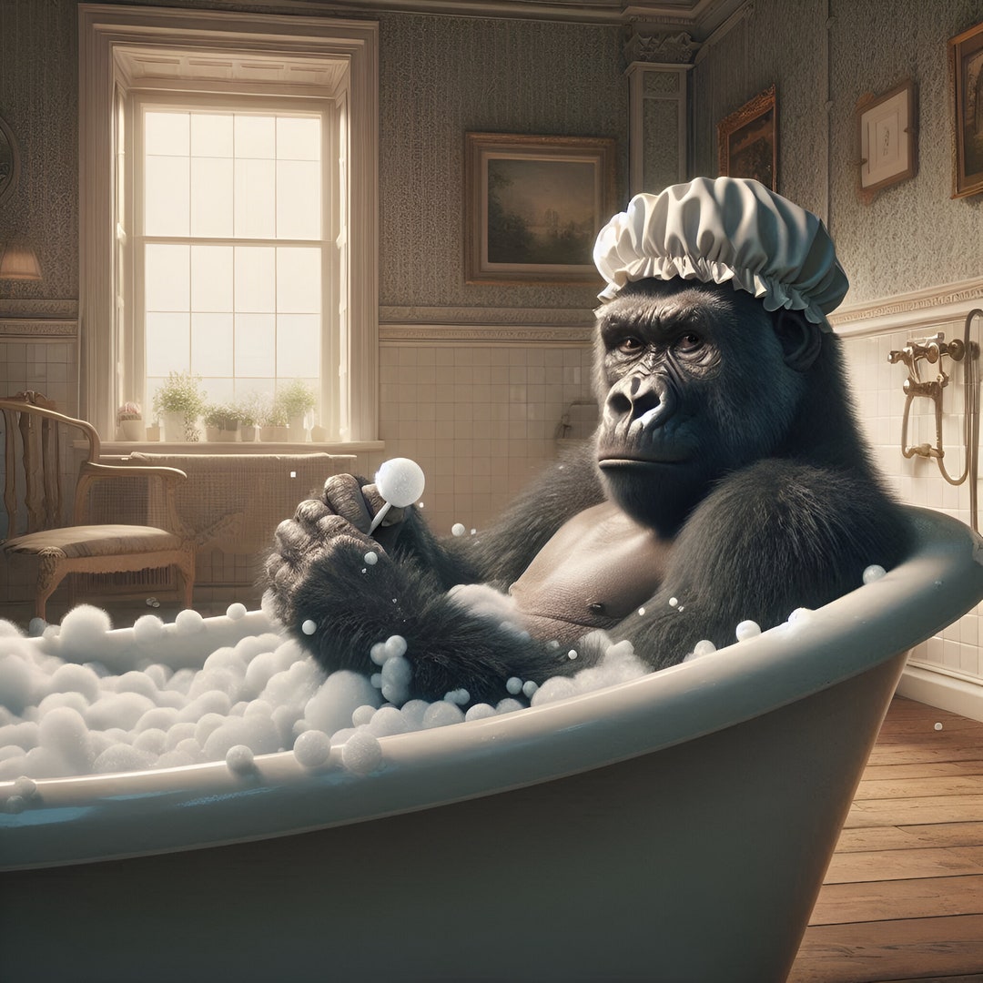 Victorian Gorilla Bath Art Print Whimsical Animal Wall Decor Vintage ...