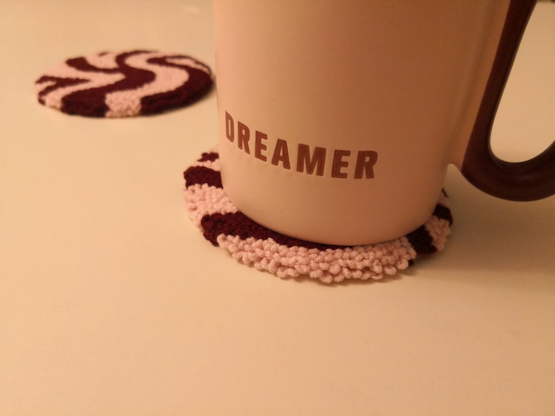 Set of 2 Round Punch Needle Wavy Handmade Coaster, Coaster Set, Handtufted Coaster, Wavy Design ...