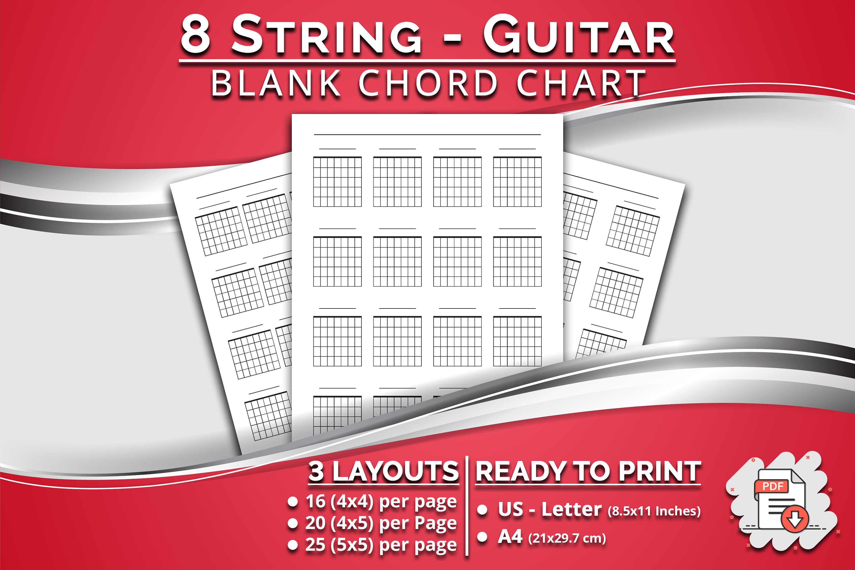Printable 8 String Blank Guitar Chord, 3 Layouts (16, 20, 25 Chord ...