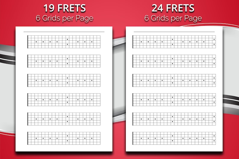 Printable 6 Strings Guitar Fretboard Blank Diagrams, 4 Layouts (6, 12 ...