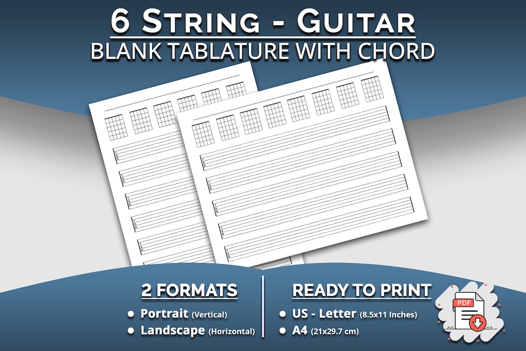 Printable 6 String Guitar Blank Tablature Sheet With Chords, Guitar Tab Paper for US Letter / A4 ...