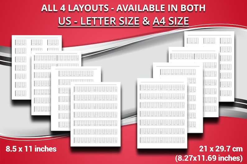Printable 5 Strings Guitar Fretboard Blank Diagrams, 4 Layouts 6, 12 ...