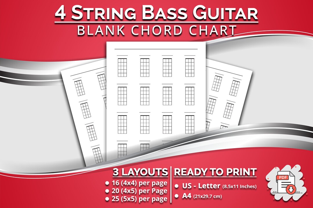 Printable 4 String Blank Bass Guitar Chord, 3 Layouts (16, 20, 25 Chord ...