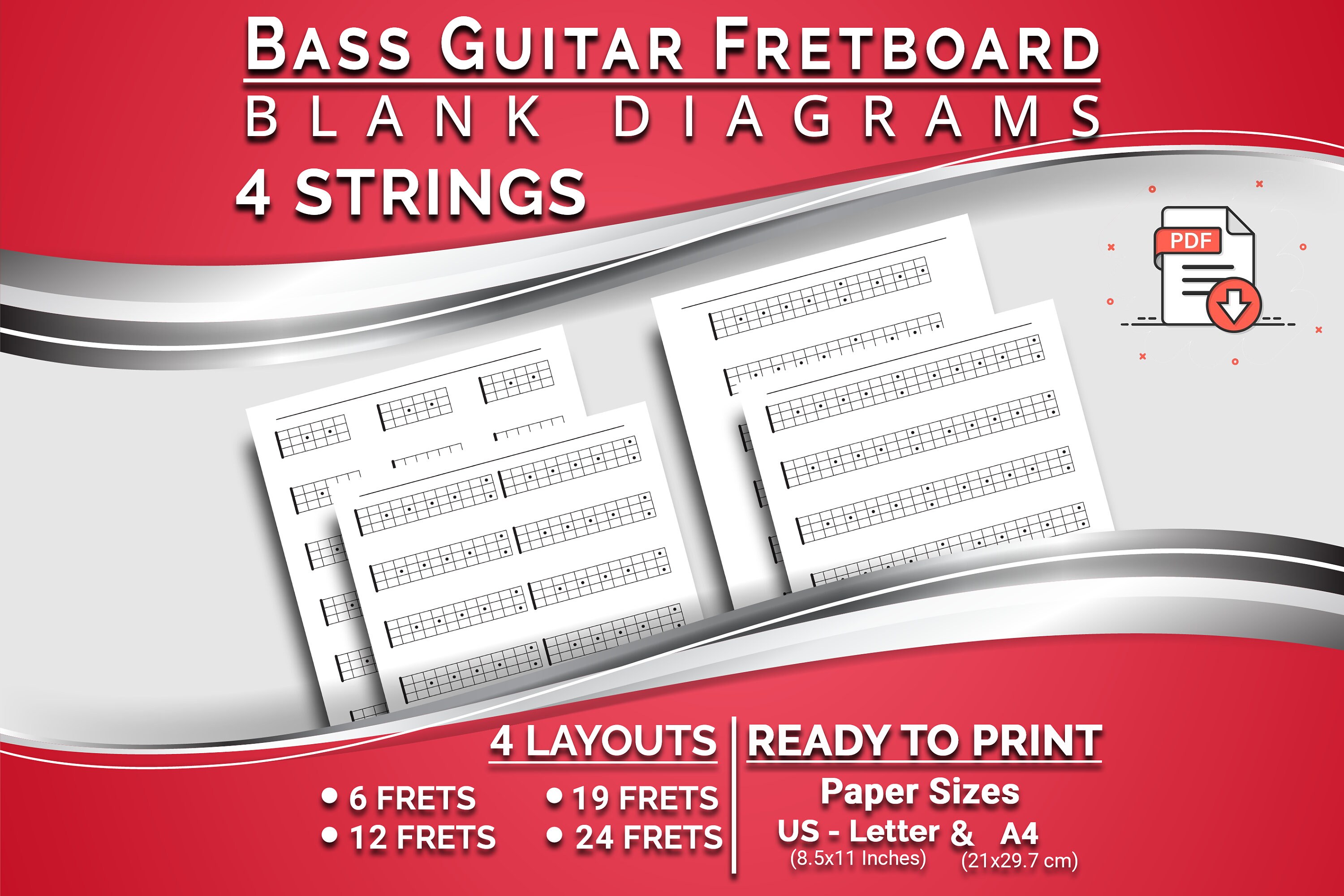 Printable 4 Strings Bass Guitar Fretboard Blank Diagrams, 4 Layouts (6 ...