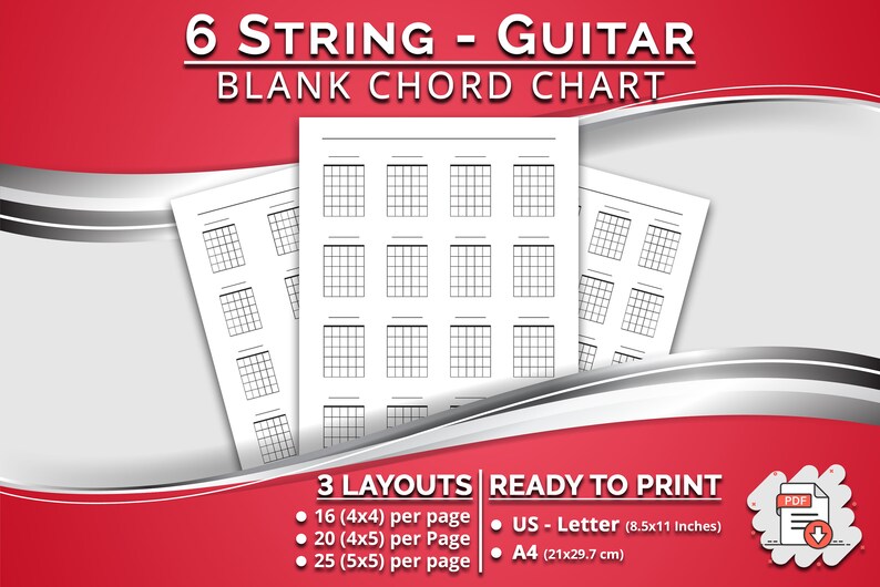 Printable 6 String Blank Guitar Chord, 3 Layouts (16, 20, 25 Chord ...