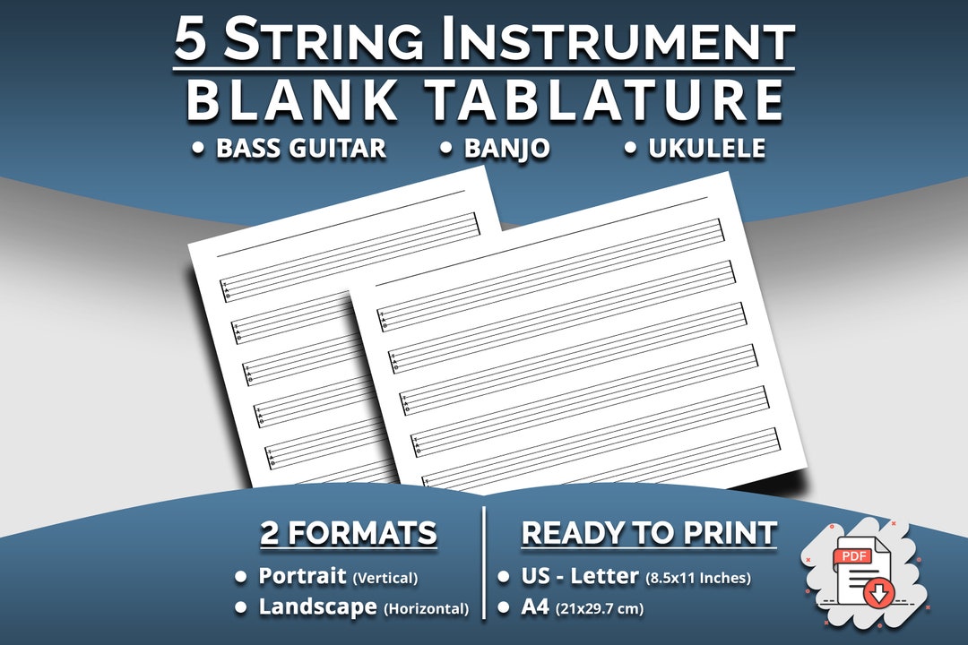 Printable Blank Tablature for 5 String Instruments - Bass Guitar, Banjo ...