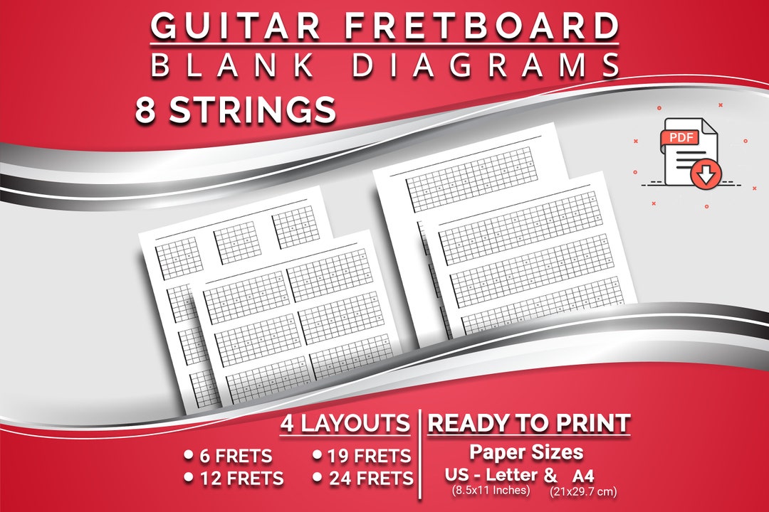 Printable 8 String Guitar Fretboard Blank Diagrams, 4 Layouts (6, 12 ...