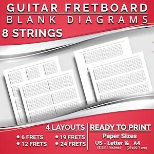 Printable 8 String Guitar Fretboard Blank Diagrams, 4 Layouts (6, 12 ...
